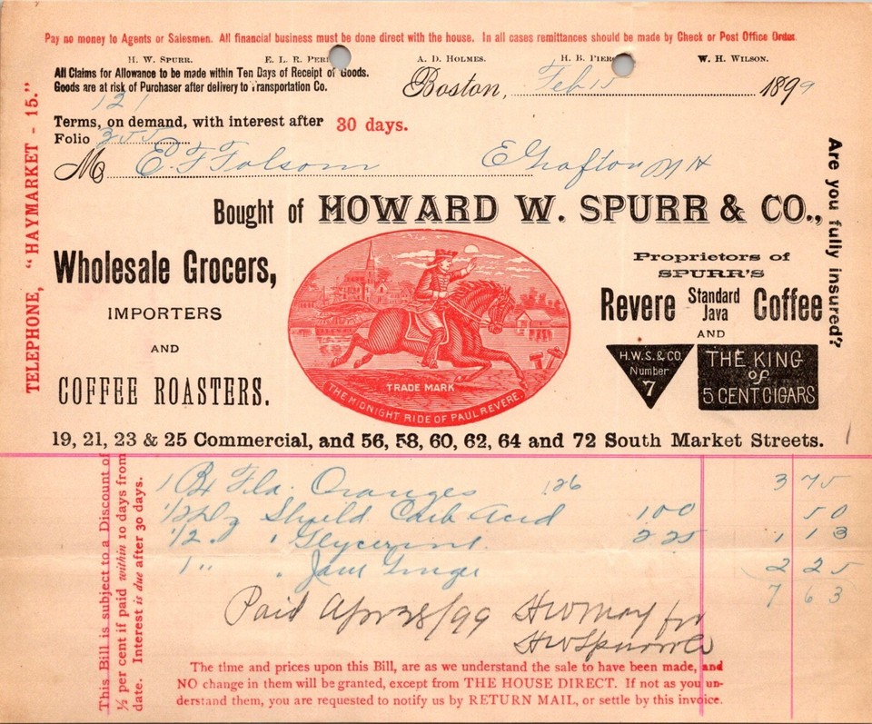 1899 HOWARD M SPURR CO GROCER COFFEE ROASTER REVERE JAVA COFFEE BOSTON ...