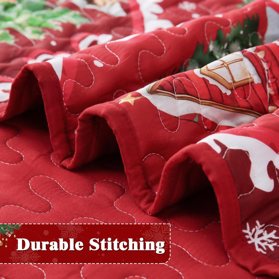 3 Piece Christmas Queen Quilt, Snowman Xmas Tree Reversible Queen Quilt ...