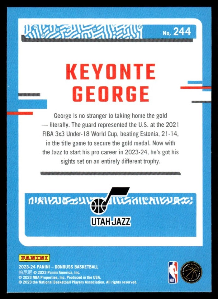 2023-24 Donruss Rated Rookie Keyonte George Rookie Utah Jazz #244 | eBay