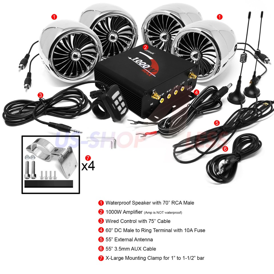 1000W Bluetooth Motorcycle Stereo 4 Speaker Audio MP3 System AUX USB SD ...