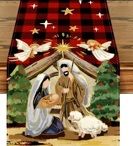 Table Runner Nativity Manger Christmas Scene Red And Black Buffalo ...