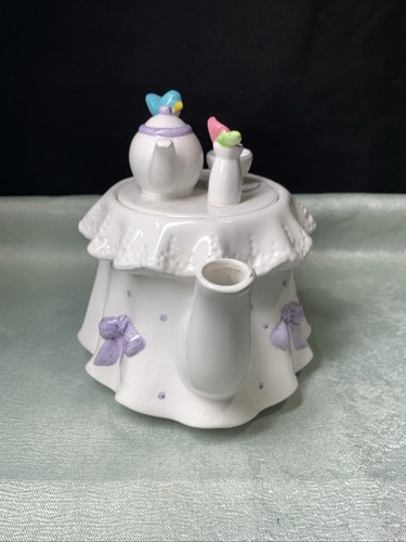 Vintage Teleflora Tea Pot Purple Bows Blue Bird and Pink Flower 7” Tall ...