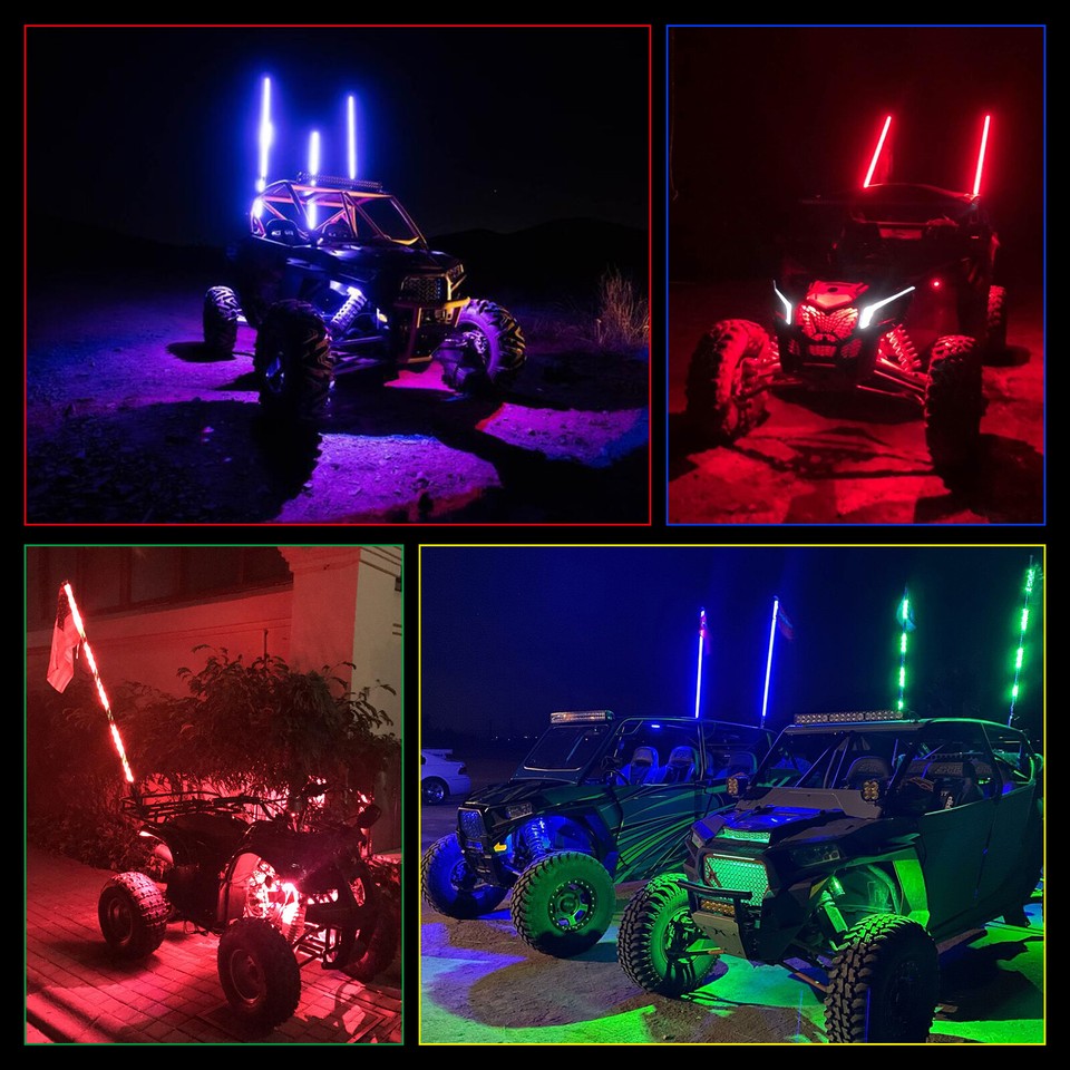 2X 3ft Lighted Spiral LED Whip Antenna w/Flag + 4 Pods RGB Rock Lights ...