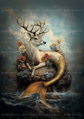 MERMAID DEER ART PRINT, Siren Cottagecore Poster, Animal Wildlife ...