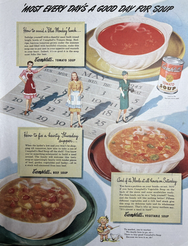 1945 Campbells Soups Tomato Beef Vegetable Supper Good Day Vintage ...