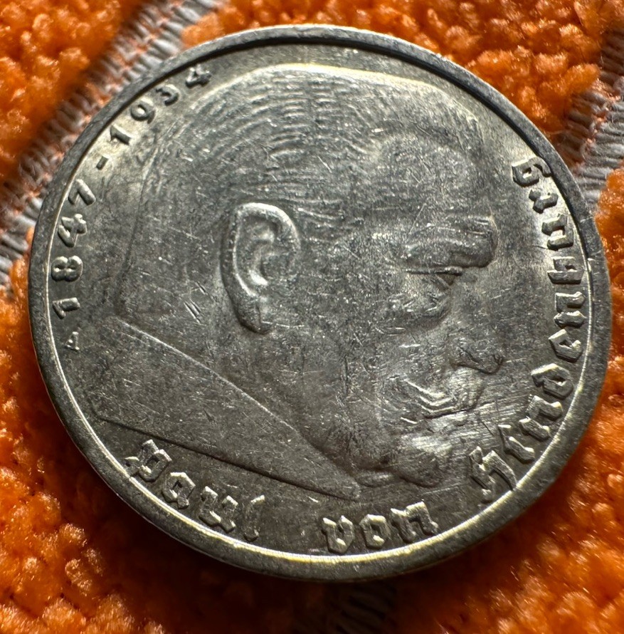 1936 A Germany 2 Paul von Hindenburg 90% Silver German Third Reich 5 ...