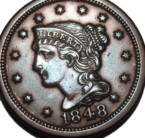 OLD US COINS 1848 AU LARGE CENT PENNY HIGHGRADE EARLY COPPER N-27 R.2 ...