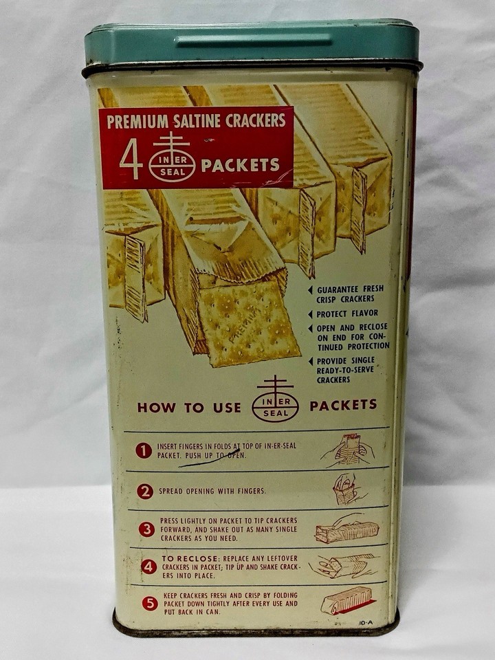 Vintage NABISCO PREMIUM SALTINE CRACKER Metal Container Tin Can Box 14 ...