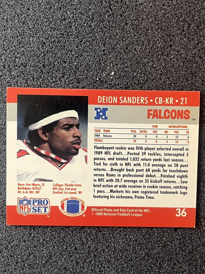 1990 Pro Set Deion Sanders #36 Atlanta Falcons - PRO & College Football ...