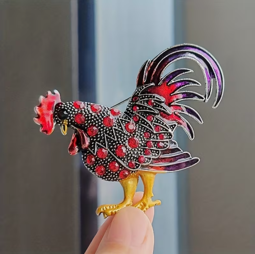 BROOCH-Vintage-Inspired Rooster Brooch, Glass Inlay, Silvery-Plated | eBay