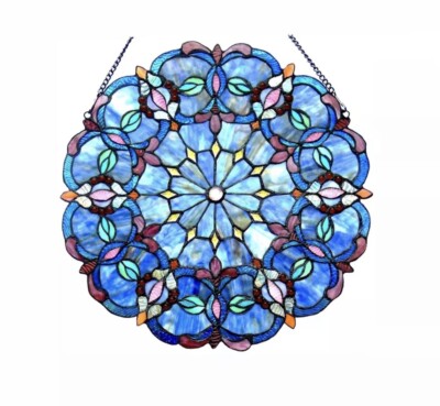 20” Stained Glass Tiffany Style Hanging Window Panel Round Victorian ...