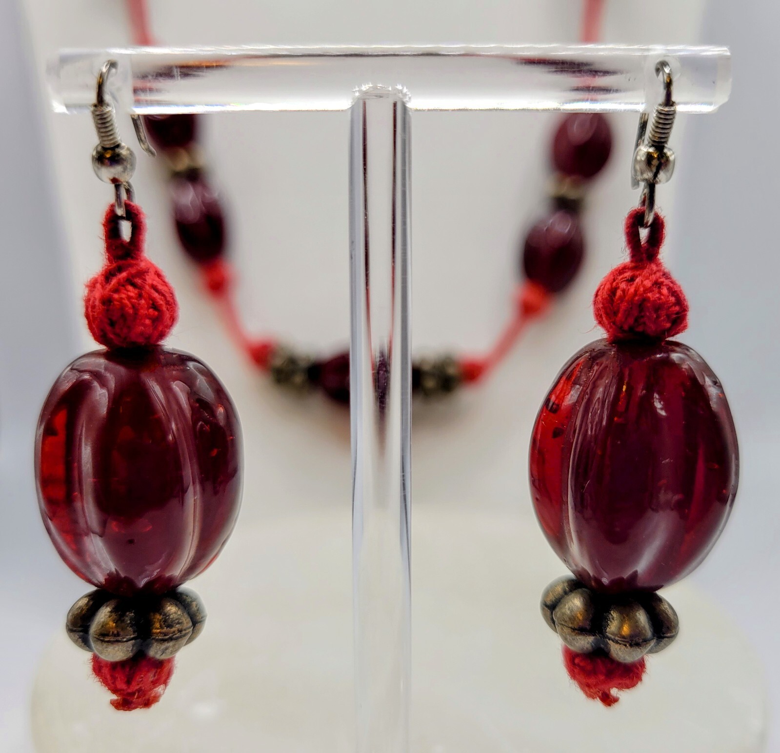 Vintage RED GLASS BEADS Necklace & Earrings Set BOHO CHIC Ethnic GYPSY ...