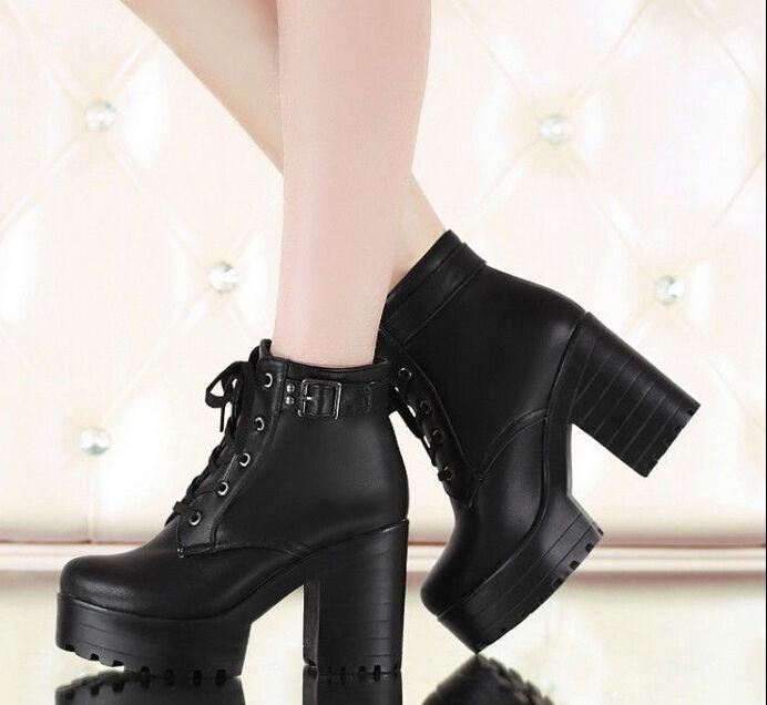 Womens chunky heel platform lace-up punk goth creeper ankle boots shoes ...
