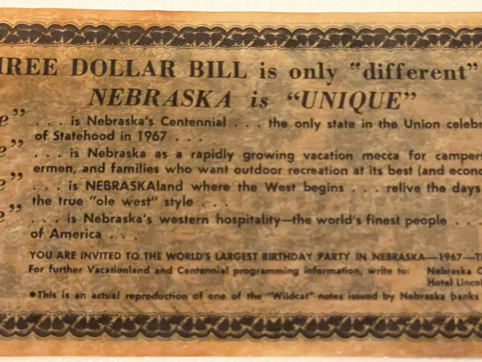 1967 Nebraska Bank of De Soto Wildcat Three Dollars Note Centennial ...