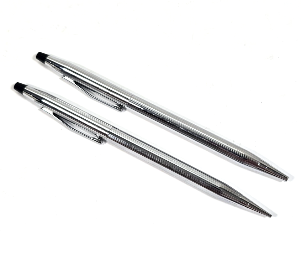 VINTAGE CROSS 3501 CHROME BALLPOINT PEN & PENCIL SET W/ BOX & REFILLS ...