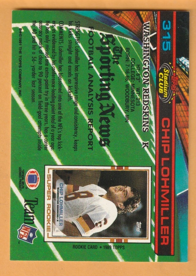 Chip Lohmiller Washington Redskins Signed 1991 Stadium Club Minnesota ...