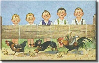 Boys Urinating Contest on a Farm Picture on Stretched Canvas, Wall Art ...