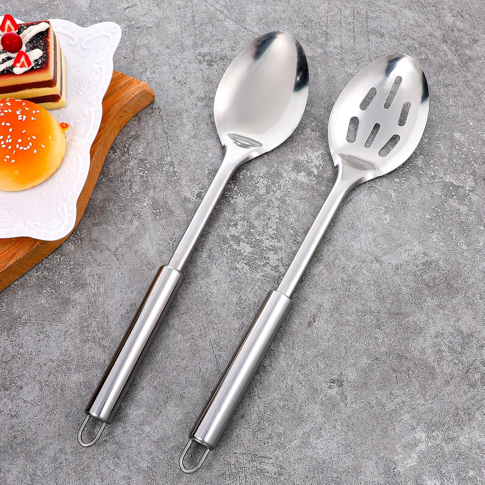 2 Pcs Large Cooking Spoon Set Stainless Steel Kitchen Solid & Slotted ...
