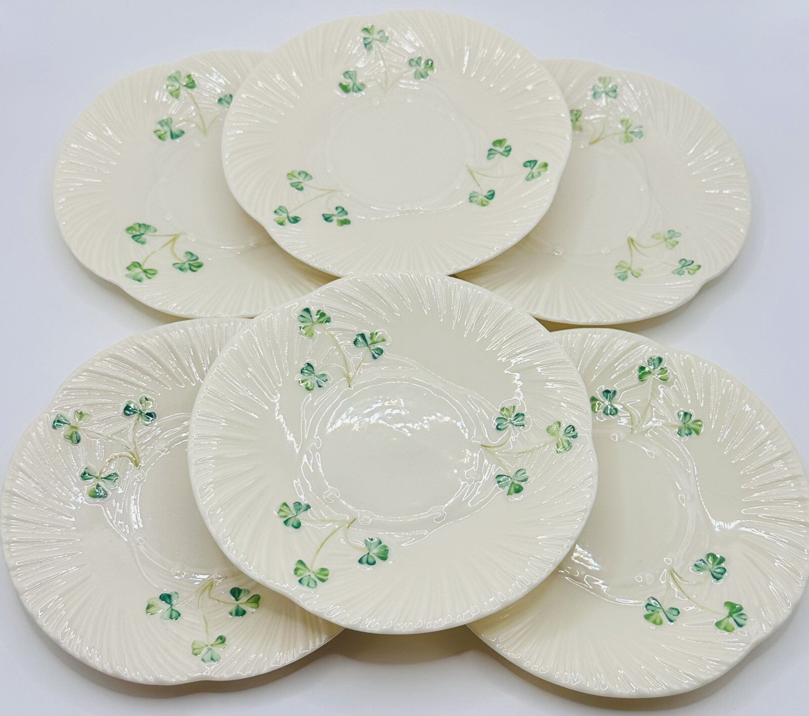 Set Of 6 Vintage Belleek Harp Shamrock Dessert Pie Bread Plates Ireland ...