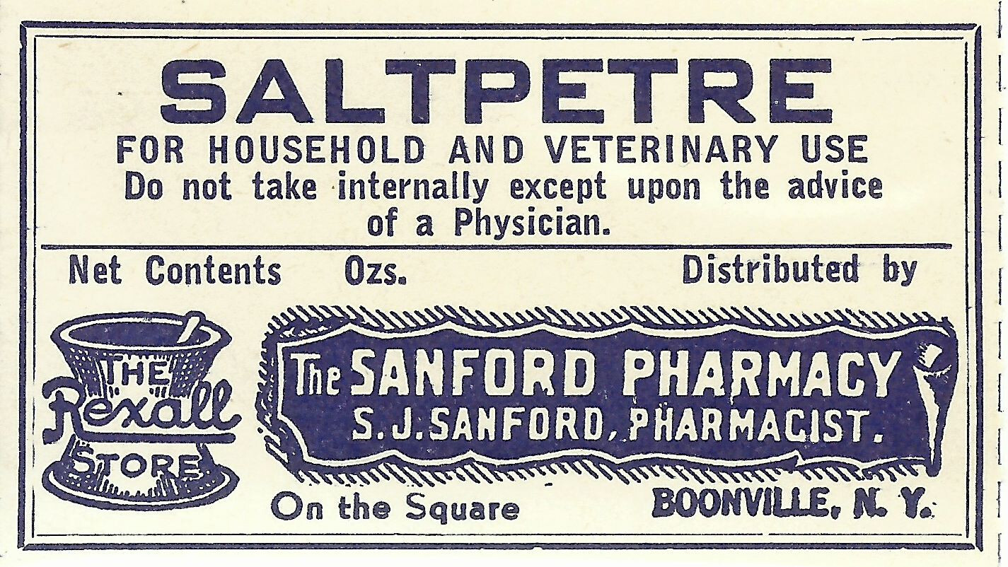 Vintage Pharmacy Label SALTPETRE Salt Petre peter The Sanford Pharmacy ...
