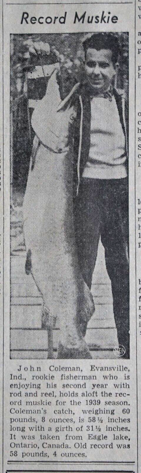 1939 Wisconsin Newspaper Page - Record 60 lb Muskie, Muskellunge Caught ...