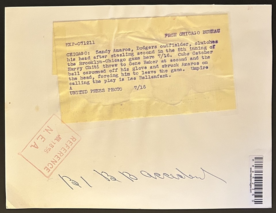 1956 Photo Type 1-Brooklyn Dodgers Sandy Amaros Steals 2nd vs Chicago ...