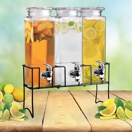 Vintage Triple Glass Drink Dispenser with Stand 3 x 2.5L Taps Party ...