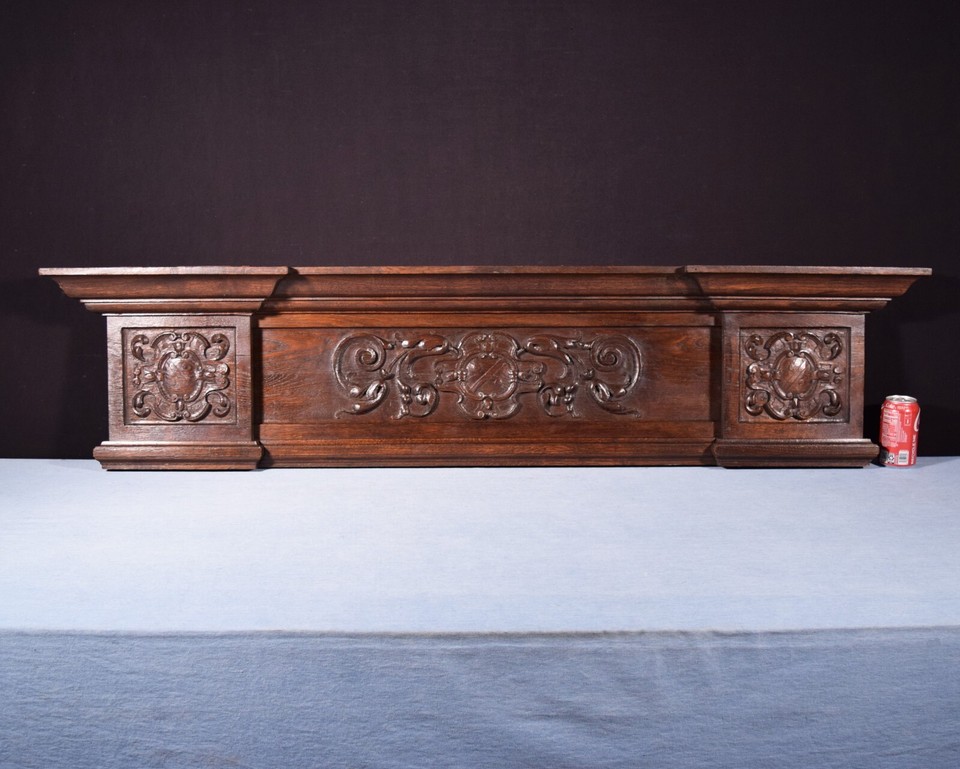 69" Wide Large Antique French Solid Oak Wood Panel/Crest Pediment w ...