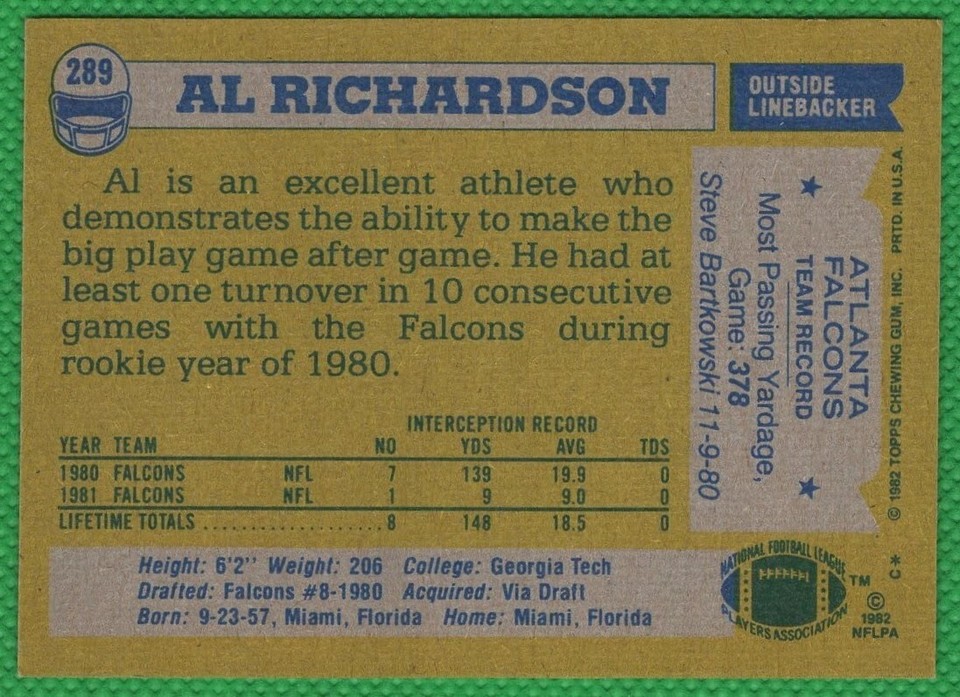 Al Richardson - 1982 Topps #289 - Atlanta Falcons Football Card | eBay