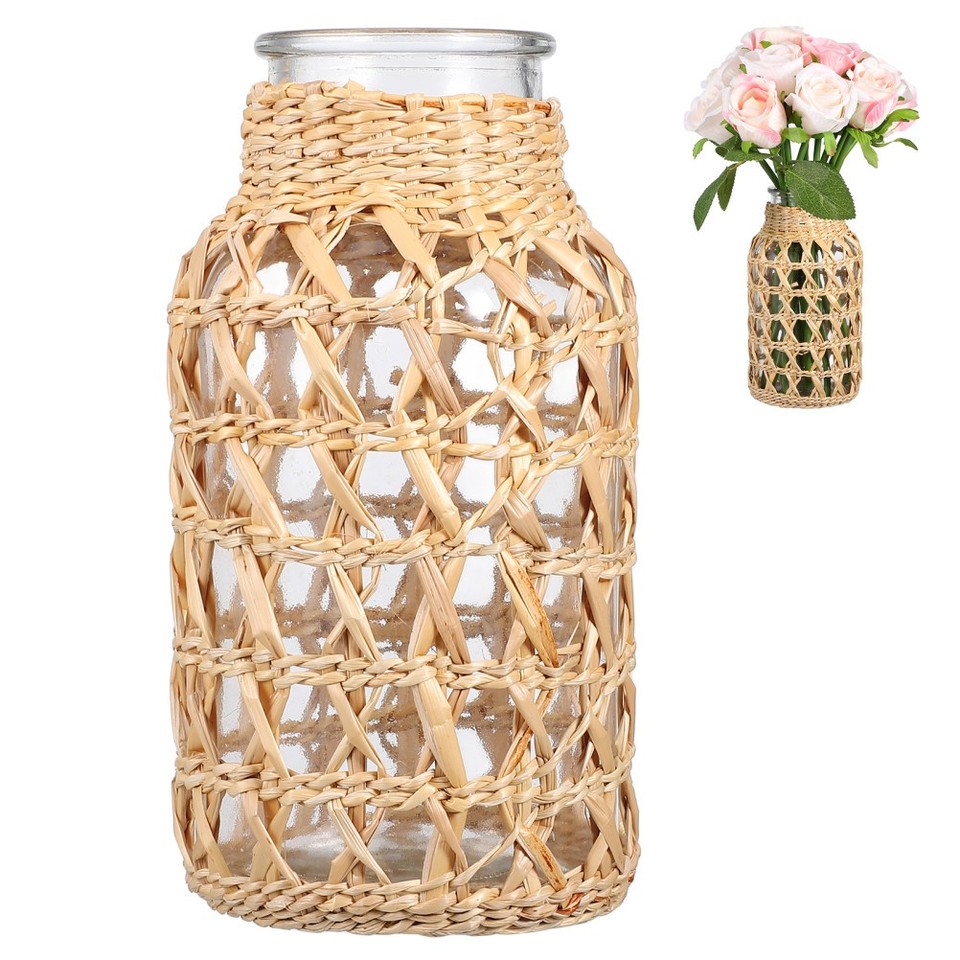 Woven Glass Vase Rustic Vases Boho Clear with Cover Rattan | eBay UK