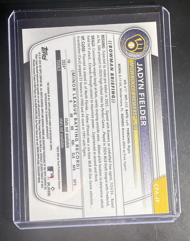 2025 Bowman Chrome Green Refractor Auto /99 JADYN FIELDER Brewers CPA ...