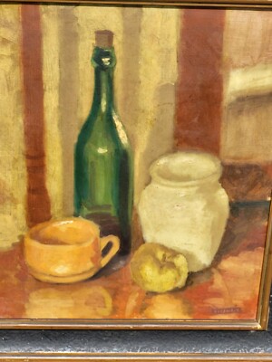 Tableau signé Nature morte Bouteille Vase Tasse. Peinture huile sur ...