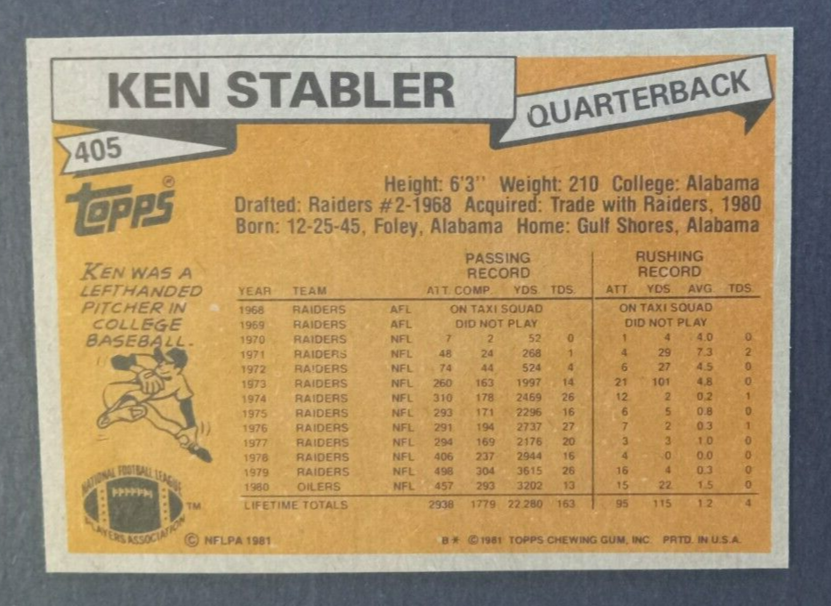 1981 Topps NFL Ken Stabler Card # 405 Houston Oilers HOF | eBay