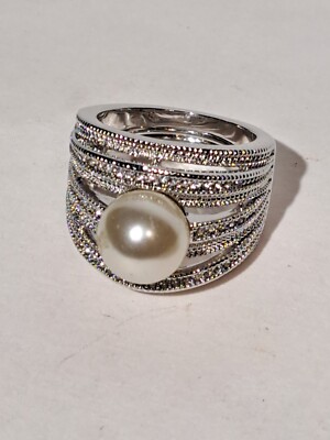 SILVER TONE FAUX PEARL & RHINESTONE RING SIZE 10 1/2 VERY CHIC | eBay