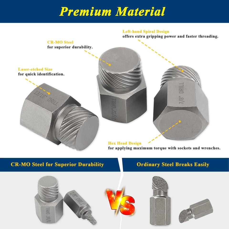 Screw Extractor Set 25 PCS Heavy Duty Hex Head CR-MO Steel Multi-Spline ...