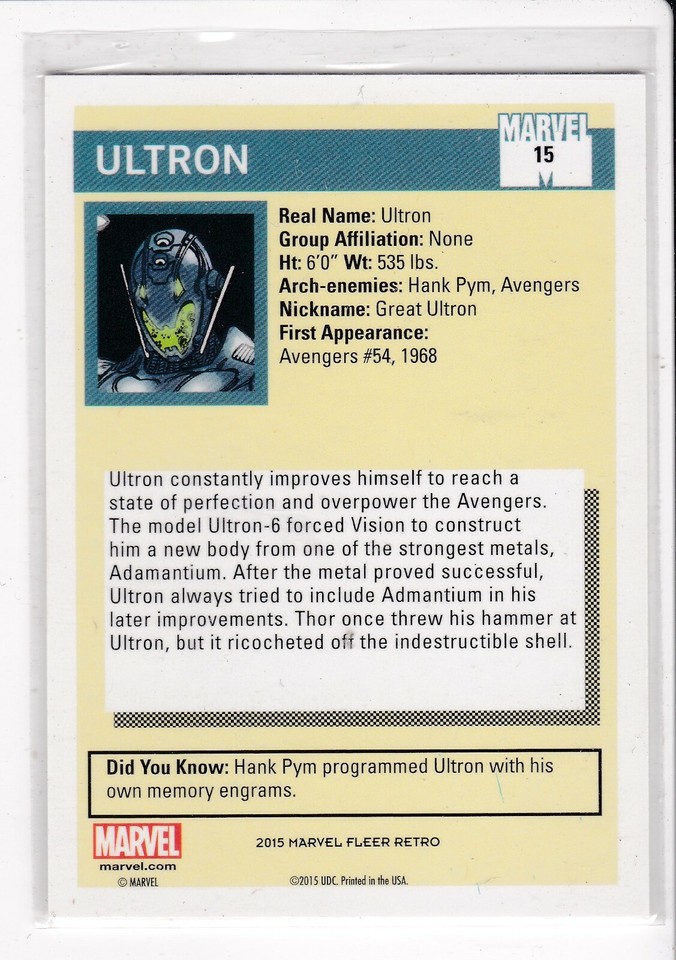 2015 UD Fleer Marvel Retro #15 Ultron 1990 Impel Marvel Universe Comics ...