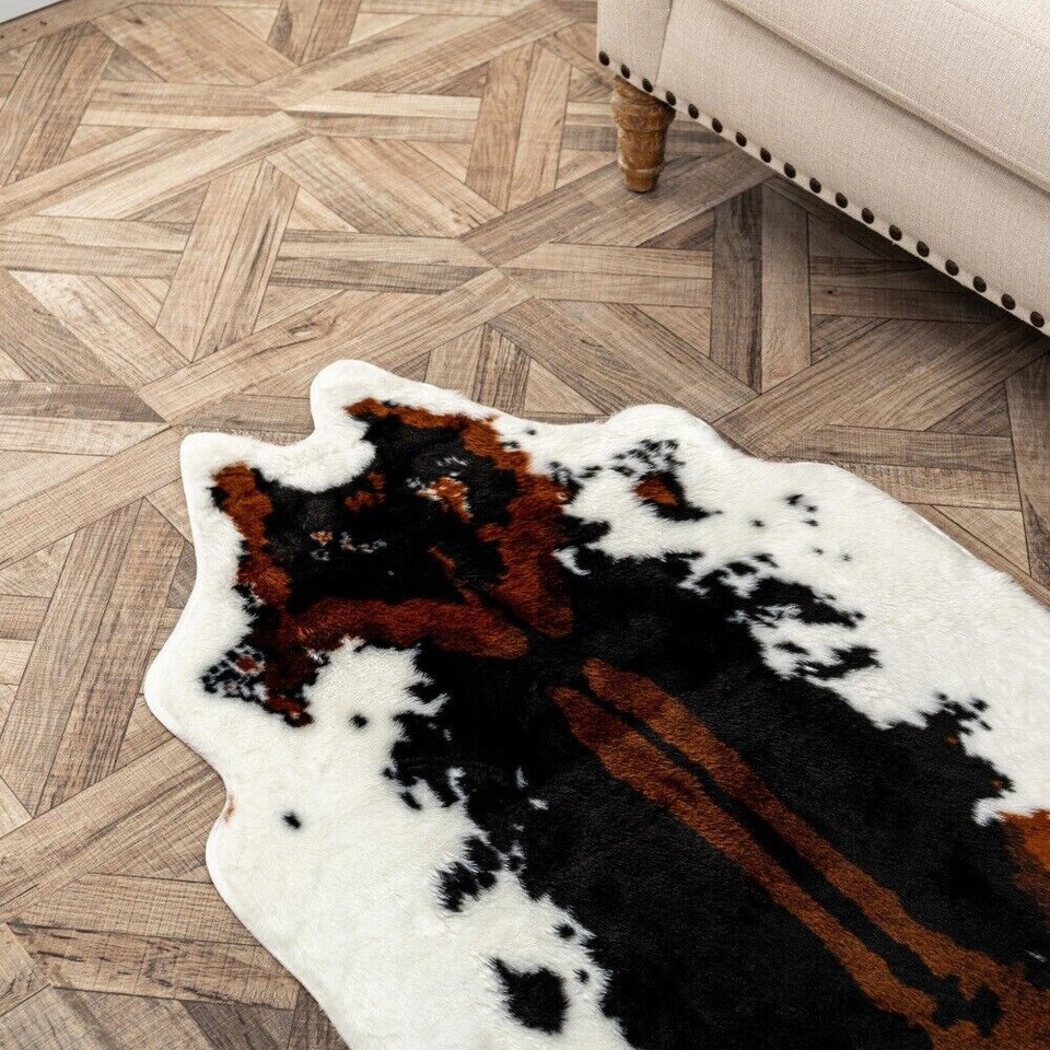3.6'X3.2' Premium Faux Fur Cowhide Area Rug Throw Brown White Spotted ...