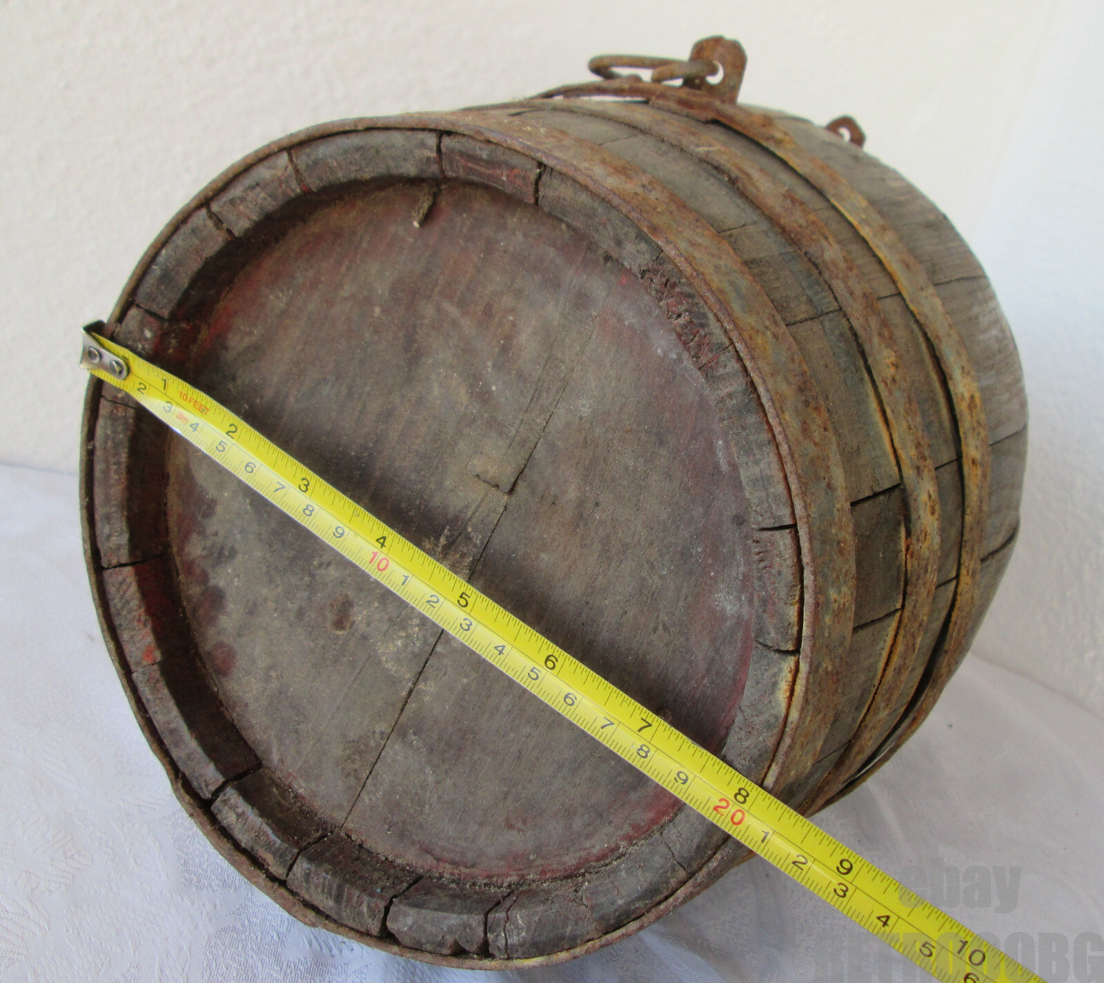 14+" antique primitive 6 iron banded WOODEN BARREL CASK FLASK CANTEEN w ...
