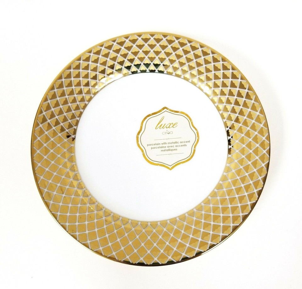 LUXE SET OF 4 PORCELAIN METALLIC GOLD DIAMOND PATTERN DINNER,SALAD ...