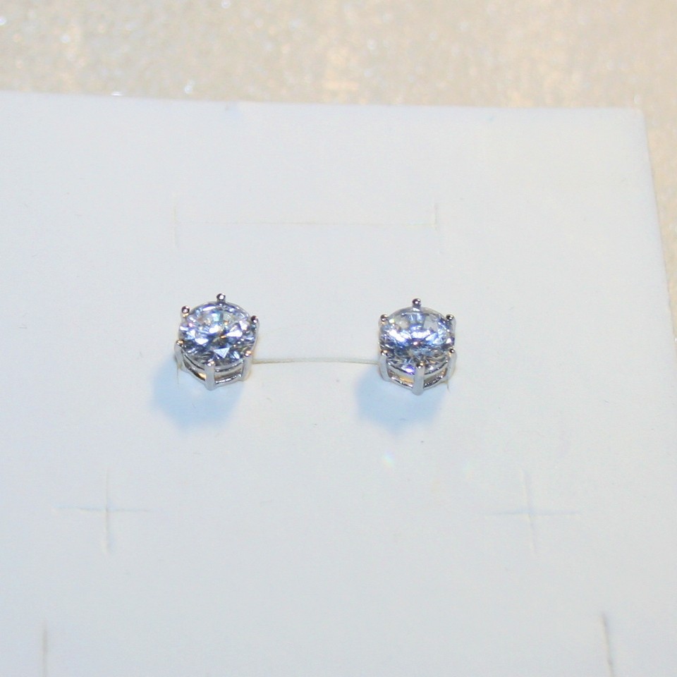 Round Austrian Zircon Stud 6 Prong Stud Earrings 14k White Gold over ...