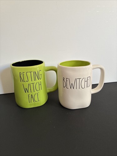 Set Rae Dunn mugs RESTING WITCH FACE green & BEWITCHED white Halloween ...