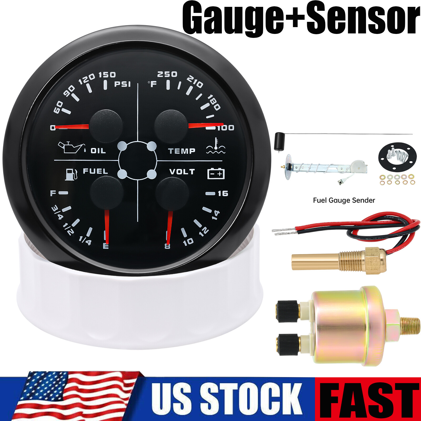 85mm 4 IN 1 Multifunction Gauge Fuel Level Oil Pressure Water Temp Volt ...