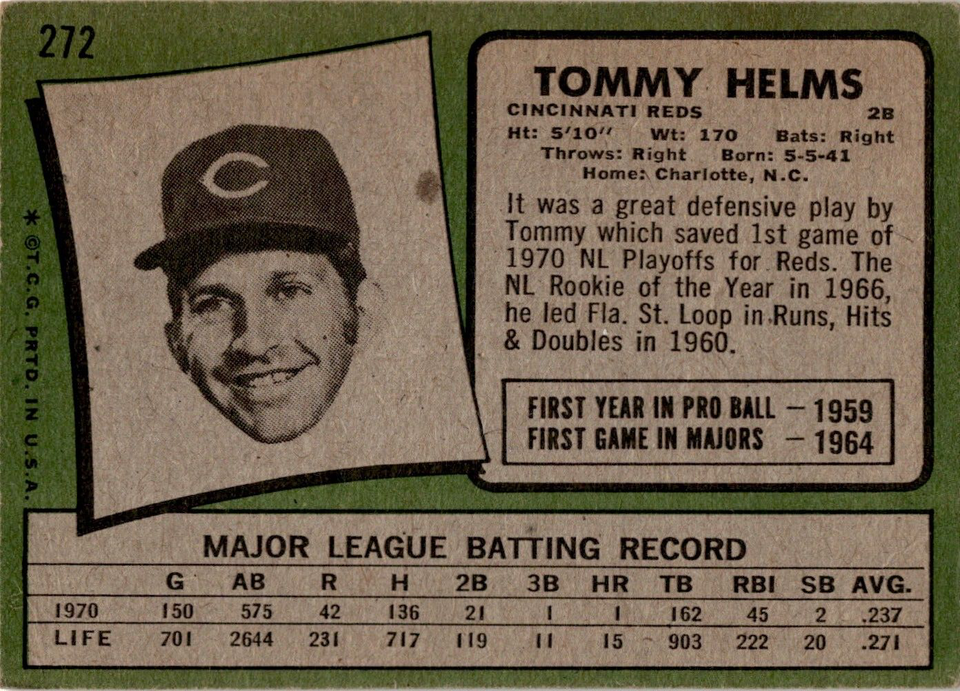 1971 TOMMY HELMS - CINCINNATI REDS - TOPPS #272 - MLB | eBay
