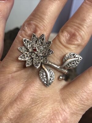 4. 925 Sterling White Red garnet CZ LOTUS Leaf Wrap around finger Ring ...