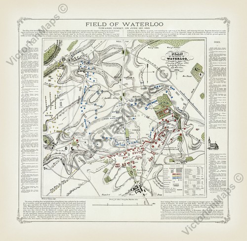 Field of Waterloo Battle antique plan Victorian map Cotton 1854 art ...