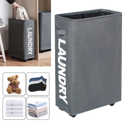 45L Laundry Basket Rolling Slim On Wheels Foldable Waterproof Washing ...