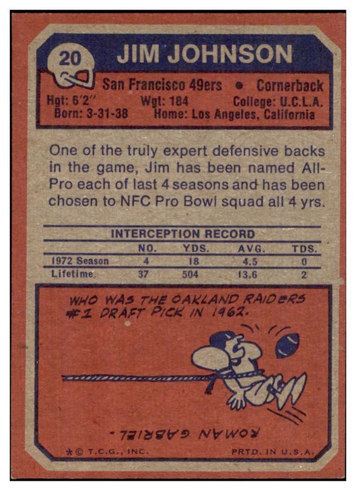 1973 TOPPS JIM JOHNSON SAN FRANCISCO 49ERS #20E | eBay