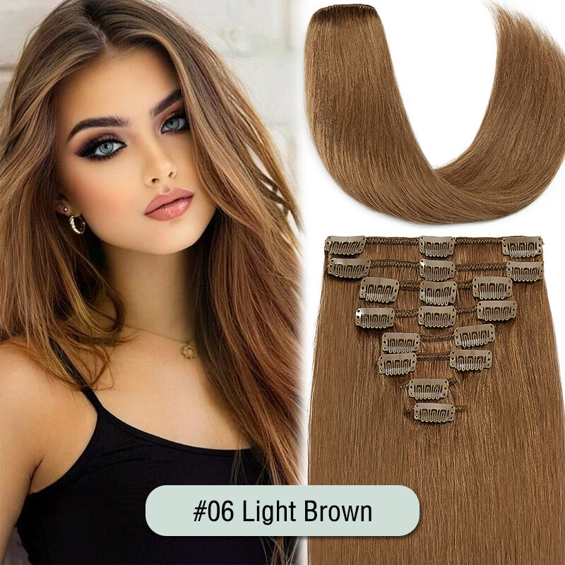 Clip-in 100% Real Remy Human Hair Extensions Highlight Medium Long Full ...