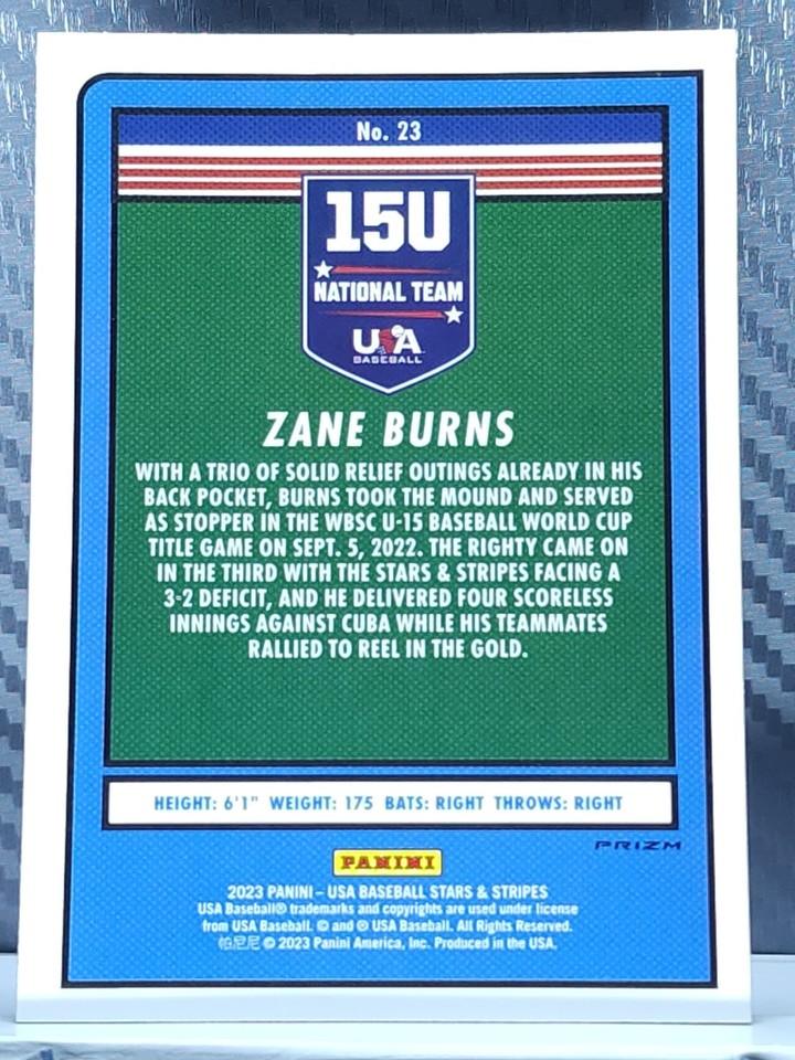 Zane Burns 2023 USA Baseball SILVER PRIZM SP #23 - 15U National Team | eBay