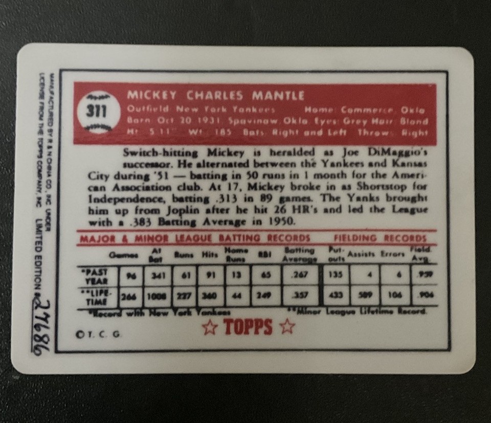 MICKEY MANTLE Topps Rookie Card #311 Limited Edition! 27686 | eBay